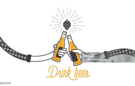 두 맥주 병을 들고 두 손입니다 격자 무늬 셔츠에 만나요 안경입니다 술집에서 파티 축 하입니다 격리 된 벡터 일러스트 레이 션의 두 사람이 흰색 바탕에 맥주를 마시는 술