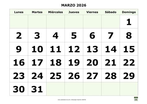 Calendarios Con Números Grandes Marzo 2026 Para Imprimir