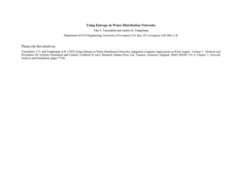 Pdf Using Entropy In Water Distribution Networks