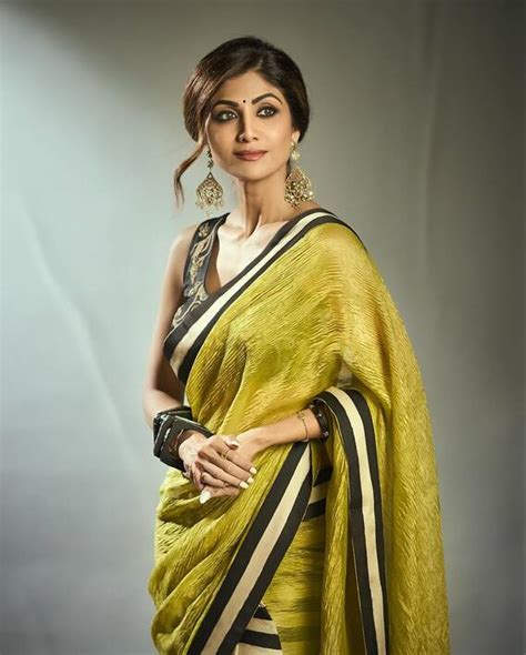 Shilpa Shetty Shines In Yellow Striped Saree Check Out All Pics
