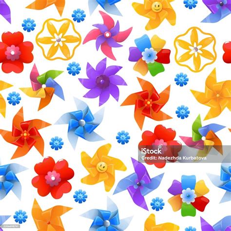 색상 바람개비 완벽 한 패턴 만화 풍차 장난감 반복 인쇄 라운드 회전 종이 접기 여름 아이 종이 프로펠러 휴일은 팬을 회전시켰습니다 산들바람 밀 소용돌이 벡터 배경 0명에