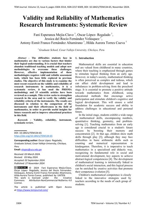 Pdf Validity And Reliability Of Mathematics Research Instruments Systematic Review
