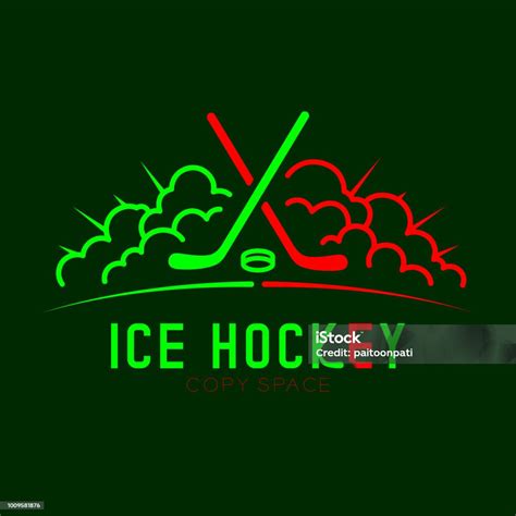 아이스 하 키 퍽으로 교차 하 고 클라우드 반경 로고 아이콘 개요 스트로크 설정 대시 선 디자인 그림 어두운 녹색 배경을 아이스 하 키 텍스트와 복사 공간에 고립 0명에