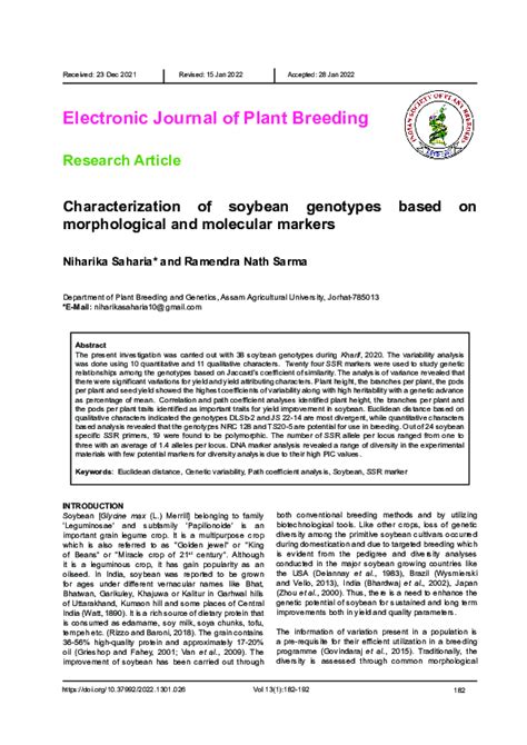 Pdf Characterization Of Soybean Genotypes Based On Morphological And Molecular Markers
