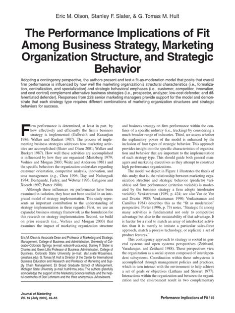 The Performance Implications Of Fit Among Business Strategy Marketing Organizational Structure