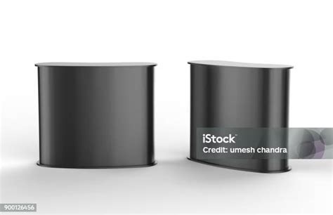 블랙 빈 곡선된 전시 프로 모션 카운터 포스 포 Pvc 부스 소매 무역 서 고립 된 흰색 배경에 광고 디자인에 대 한 서식 파일을 비웃는 다 3d 그림입니다 탁자에 대한