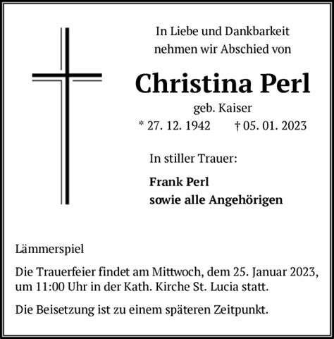 Traueranzeigen Von Christina Perl Trauerop Onlinede