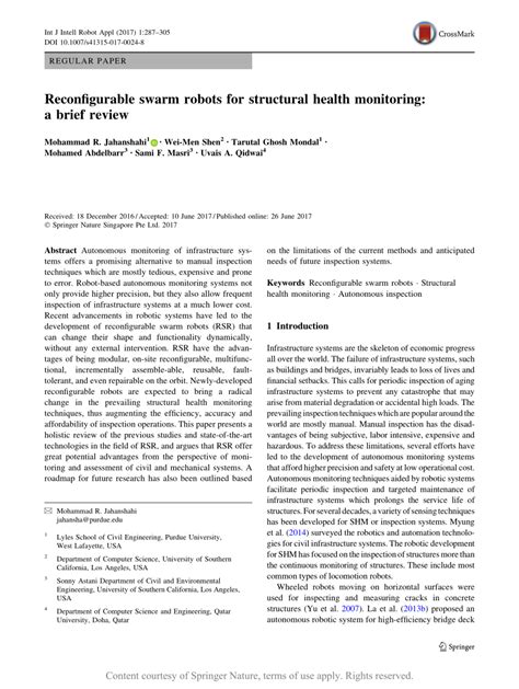 Reconfigurable Swarm Robots For Structural Health Monitoring A Brief