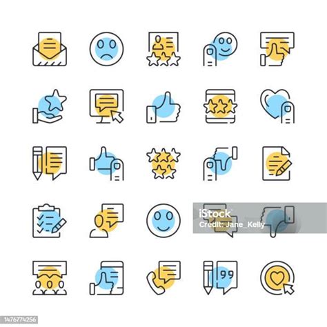 고객 피드백 라인 아이콘 유사한 아이콘 세트입니다 검정 파랑 및 노랑 색상 현대 선형 개요 그래픽 디자인 벡터 선 아이콘 세트 소비자 경험에 대한 스톡 벡터 아트 및 기타
