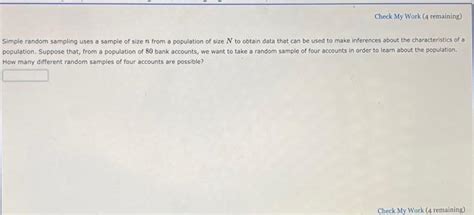 Solved Simple Random Sampling Uses A Sample Of Size N From A
