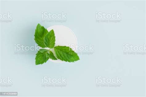 화장품 화이트 크림 항아리와 밝은 파란색 배경에 신선한 민트 유기농 화장품 개념 메이크업 화장품에 대한 스톡 사진 및 기타 이미지 메이크업 화장품 개념 건강관리와