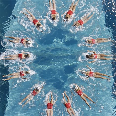 Synchronized Swimming Team Performing In A Pool Premium Ai Generated