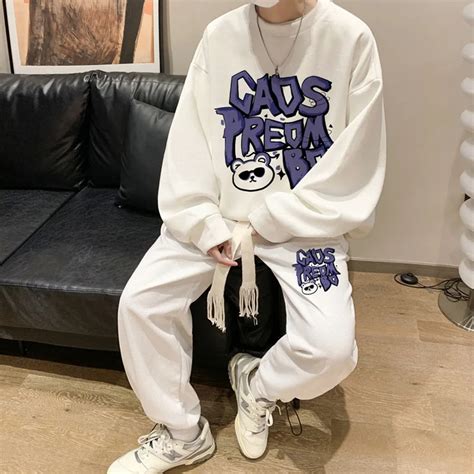 남성용 와플 프린트 만화 수트 O 넥 긴팔 스웻셔츠 스웻팬츠 가을 운동복 캐주얼 스포츠 패션 투피스 세트 핸드폰닷컴