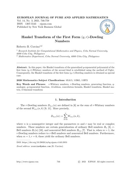 Pdf Hankel Transform Of The First Form Q R Dowling Numbers