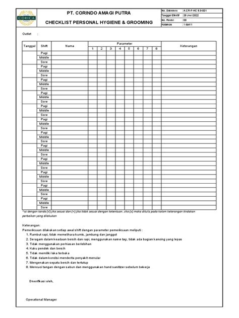 A Cr F Hr 8 7 001 Checklist Personal Hygiene And Grooming Pdf