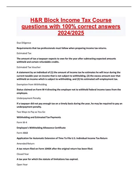 Handr Block Income Tax Course Questions With 100 Correct Answers 2024