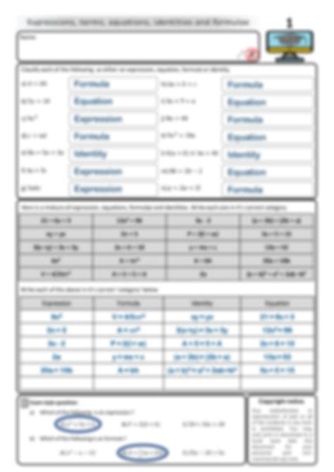 Solution Algebra Expressions Terms Equations Identities And Formulae Practice And Answer