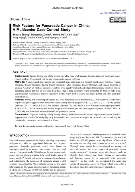 Pdf Risk Factors For Pancreatic Cancer In China A Multicenter Case