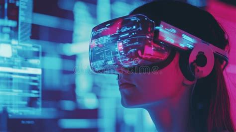 Close Up Of A Woman Wearing A Vr Headset With Reflections Of Code And Digital Data On The Lens