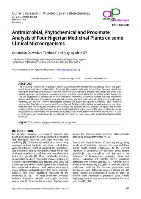 Pdf Antimicrobial Phytochemical And Proximate Analysis Of Four Nigerian Medicinal Plants On
