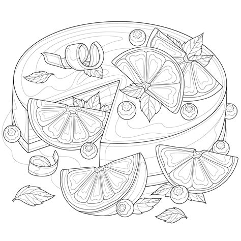 오렌지 블루베리 민트 초콜릿을 곁들인 케이크 맛있는 과자 어린이와 성인을 위한 색칠 공부 책 안티 스트레스 Zen