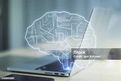 배경에 컴퓨터와 창조적 인 인간의 뇌 마이크로 회로의 이중 노출 미래 기술 및 Ai 개념 0명에 대한 스톡 사진 및 기타 이미지 0명 기계류 노트북 Istock