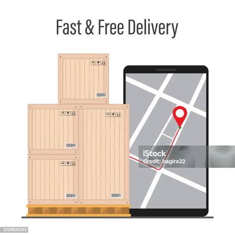 화물화물 팔레트에 나무 상자와지도와 큰 스마트 폰 화물 배달 추적 개념 배경 소포에 대한 스톡 벡터 아트 및 기타 이미지