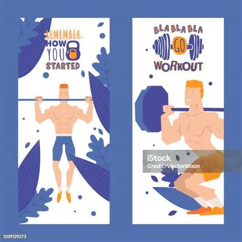 수직 배너 벡터 그림에 동기 부여 운동 따옴표 피트니스 체육관광고 캠페인 운동을 시작하는 영감 액티브 라이프 스타일 남자 만화 캐릭터 남자에 대한 스톡 벡터 아트 및 기타