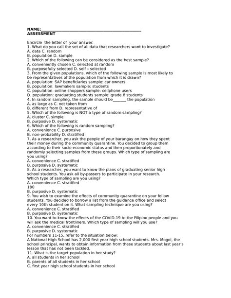 Assessment In Random Sampling Techniques Studocu