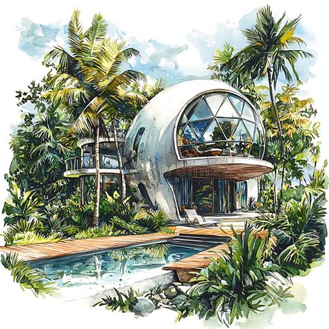Tropical Geodesic Dome House With Swimming Pool Stock Illustration Illustration Of Vacation