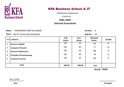 Marksheet Internal Assessment Pdf