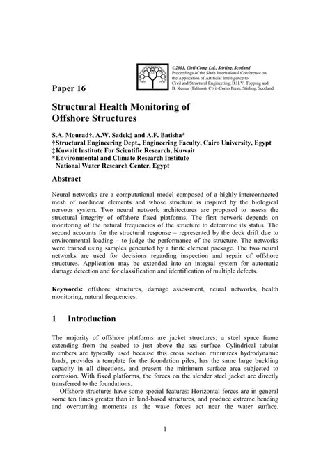 Pdf Structural Health Monitoring Of Offshore Structures