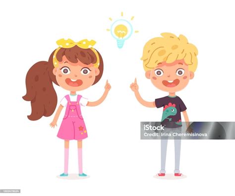 소년과 소녀는 생각 브레인 스토밍 머리 위에 전구 기호가있습니다 어린이 제스처 감정 기분의 유형의 벡터 문자 그림 아이에 대한 스톡 벡터 아트 및 기타 이미지 Istock