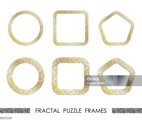 장식 헤더 황금 원형 과 사각형 추상 기하학적 프랙탈 퍼즐 프레임의 세트 골드는 흰색 배경에 격리 된 모자이크 프레임을 화려하게 장식합니다 벡터 금 금속에 대한 스톡 벡터