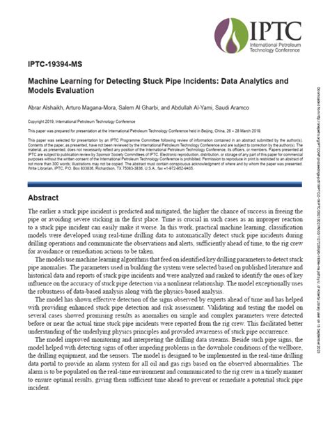 2019 Machine Learning For Detecting Stuck Pipe Incidents Data Analytics