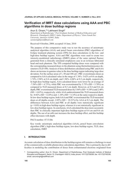 Pdf Verification Of Imrt Dose Calculations Using Aaa And Pbc Algorithms In Dose Buildup Regions