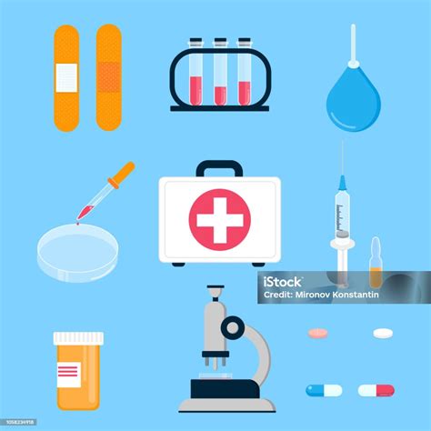 병원 의학 응급 처치 키트 및 실험실 장비 분석 백신 및 치료 사람들 과학 것 평면 스타일 디자인 벡터 일러스트 레이 션 밝은