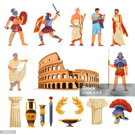 고대 로마 제국 로마 문명 사람들 그리스 문화 종교 요소 시저 화환 암포라 콜로세움 검투사 시민 역사 문자 세트 최근 삽화 고대 로마에 대한 스톡 벡터 아트 및 기타 이미지