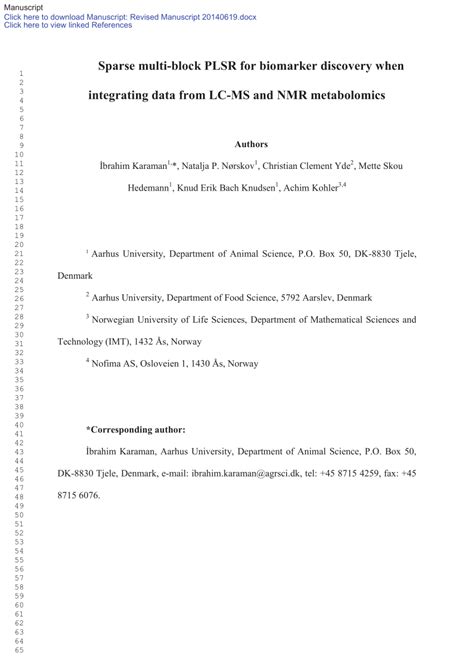 Pdf Sparse Multi Block Plsr For Biomarker Discovery When Integrating Data From Lcms And Nmr