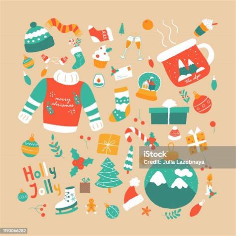 인사말 카드에 대한 빈티지 크리스마스와 새해 요소의 집합입니다 손으로 그린 낙서 장식 패턴 장식품 선물 상자 공 스웨터