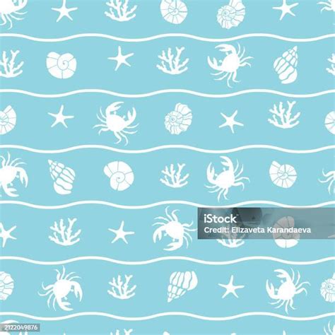 게 조류 불가사리 조개껍데기가 있는 바다 프린트 여름의 이음새가 없는 패턴 갈고리 발톱에 대한 스톡 벡터 아트 및 기타 이미지