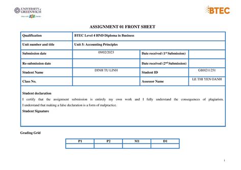 Asm15038 Ttttttt Assignment 01 Front Sheet Qualification Btec