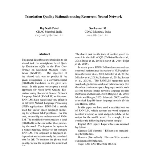 Translation Quality Estimation Using Recurrent Neural Network Acl Anthology