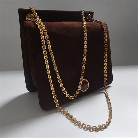 Vintage Brown Suede Shoulder Bag With Gold Tone Chain Strap And Stone Clasp Mid Century Bienen
