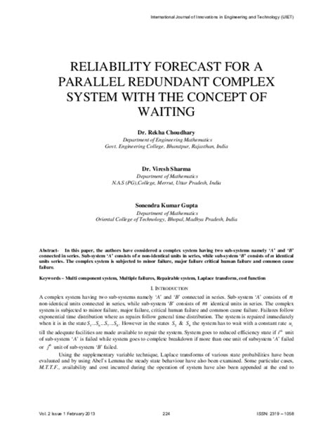 Pdf Reliability Forecast For A Parallel Redundant Complex System With The Concept Of Waiting