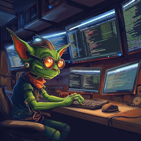Premium Photo Cartoon Alien Sitting At A Computer Desk With A Keyboard