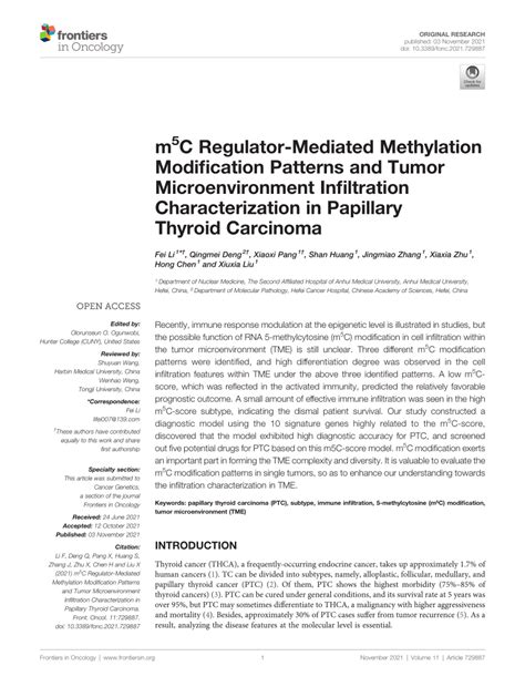 Pdf M5c Regulator Mediated Methylation Modification Patterns And Tumor Microenvironment