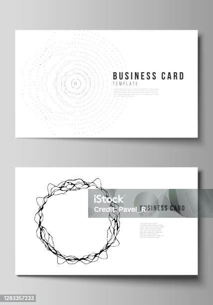 두 개의 창의적인 명함 디자인 템플릿의 편집 가능한 레이아웃의 최소 추상 벡터 그림입니다 역동적인 입자가 있는 트렌디한 현대 과학 또는 기술 배경 사이버 스페이스 그리드 0