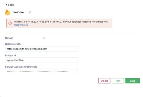 Image Showing Firestore Connection Form