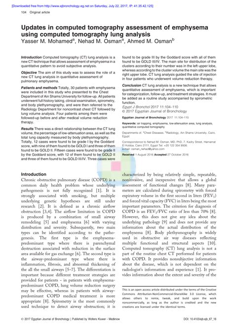 Pdf Updates In Computed Tomography Assessment Of Emphysema Using Computed Tomography Lung Analysis
